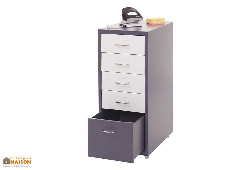 Caisson de bureau en acier thermolaqué 5 tiroirs - Boston blanc et gris ...